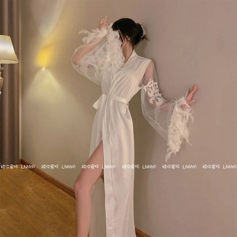 Silk Robes Women Feathers | Long Satin Robe Feather | Long Feather ...