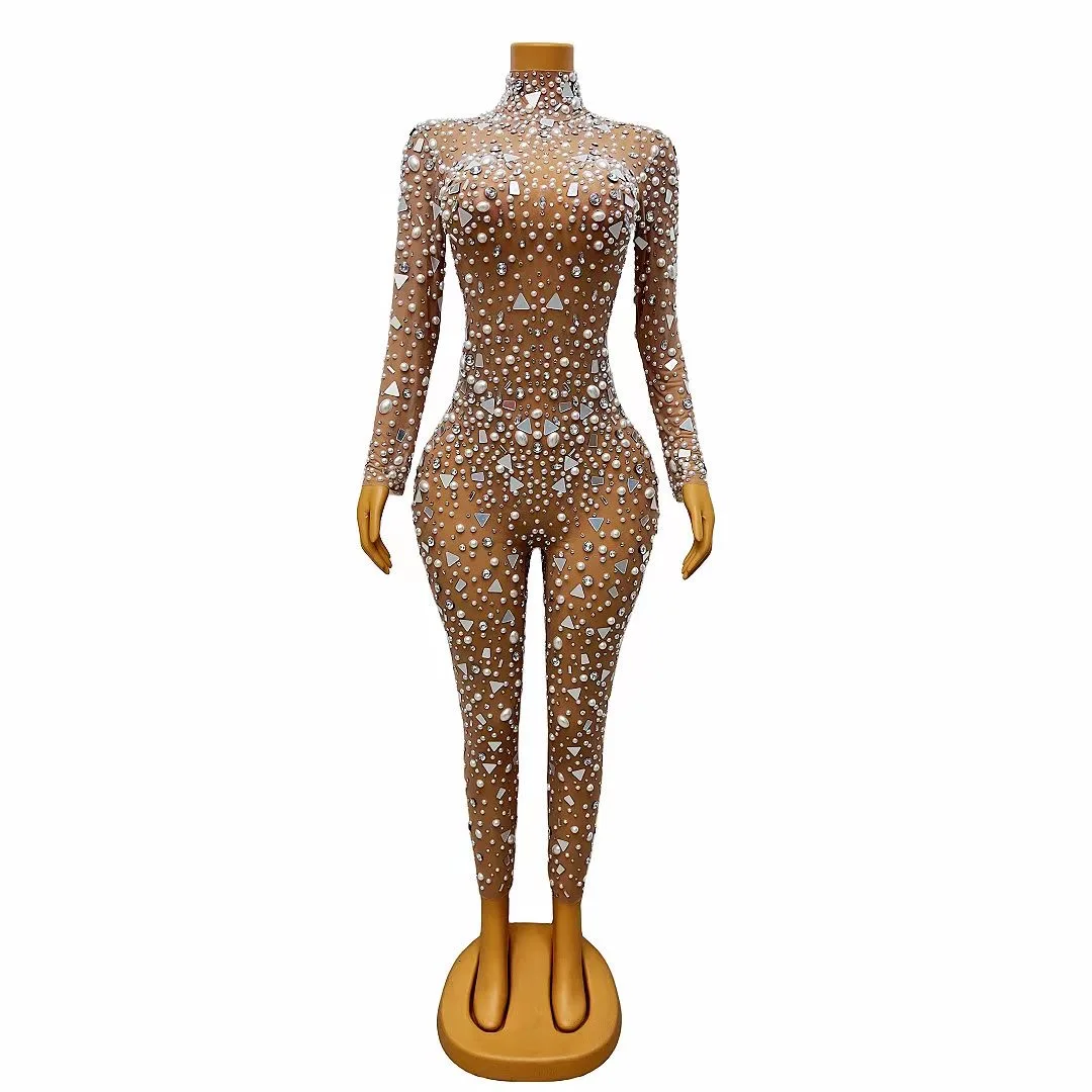 Sparkly AB Crystals Mesh Jumpsuit Sexy See through Rhinestones Bodysuit ...