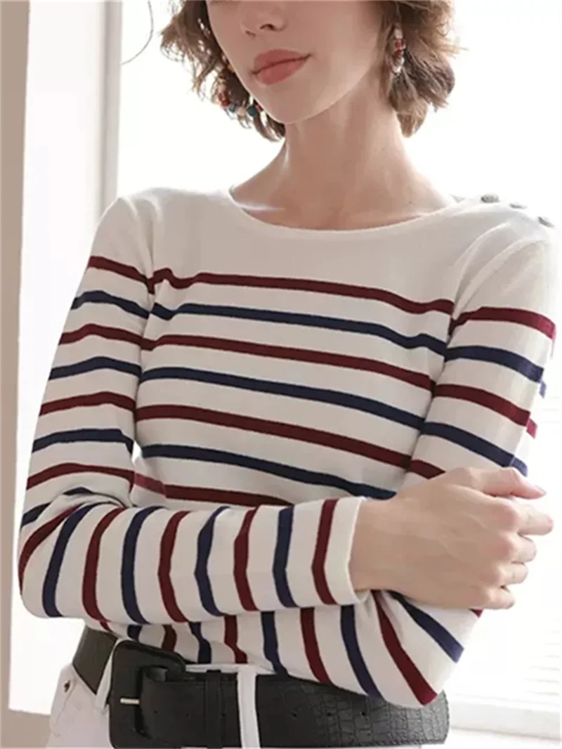 New-Ladies-French-Striped-T-Shirt-Long-Sleeved-Shoulder-Buttons-Round ...