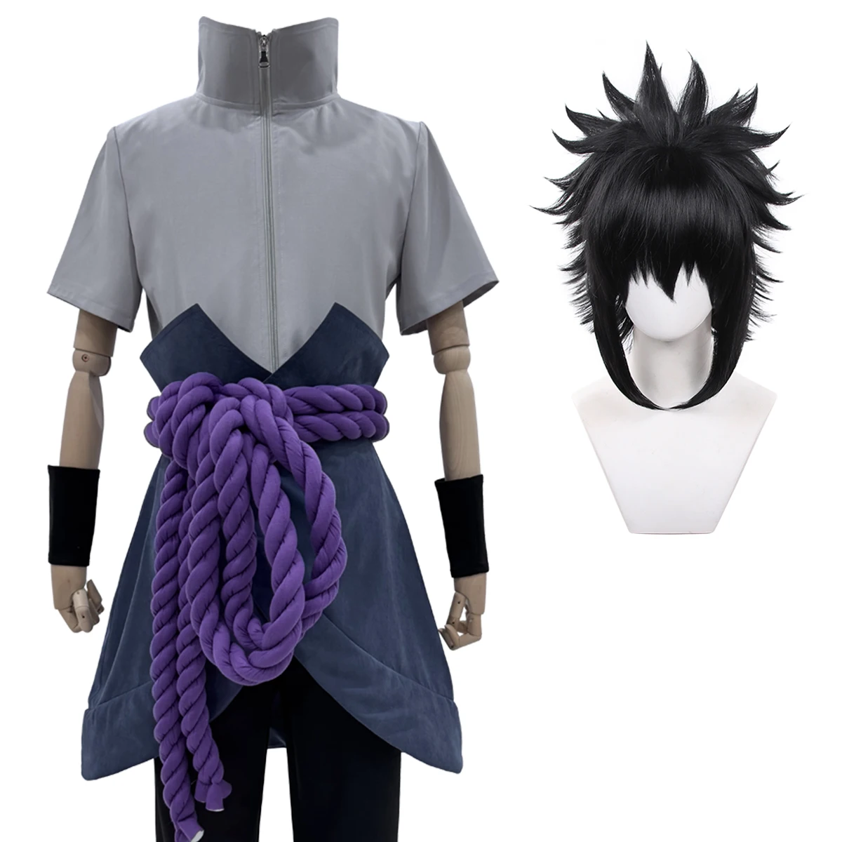 HOLOUN Uchiha Sasuke Anime Cosplay Costume Wig Grey Top Pants Belt ...