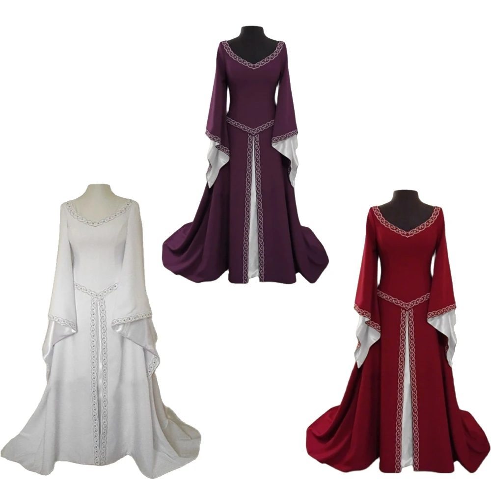 Womens Medieval Renaissance White Wedding Long Dress Celtic Queen Party ...