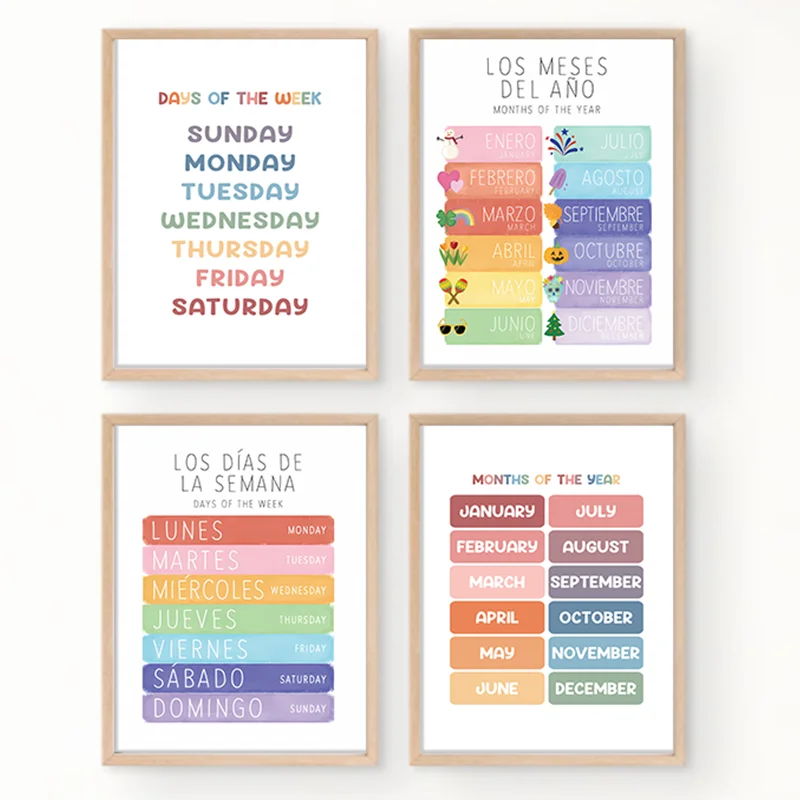 Rainbow Colorful Bilingual English Spanish Days Months Chart Wall Art ...