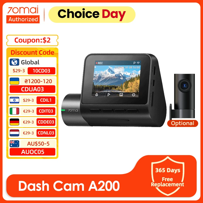 70mai-Dash-Cam-A200-Gobal-Dual-channel-Record-1080P-HDR-2-IPS-Screen ...