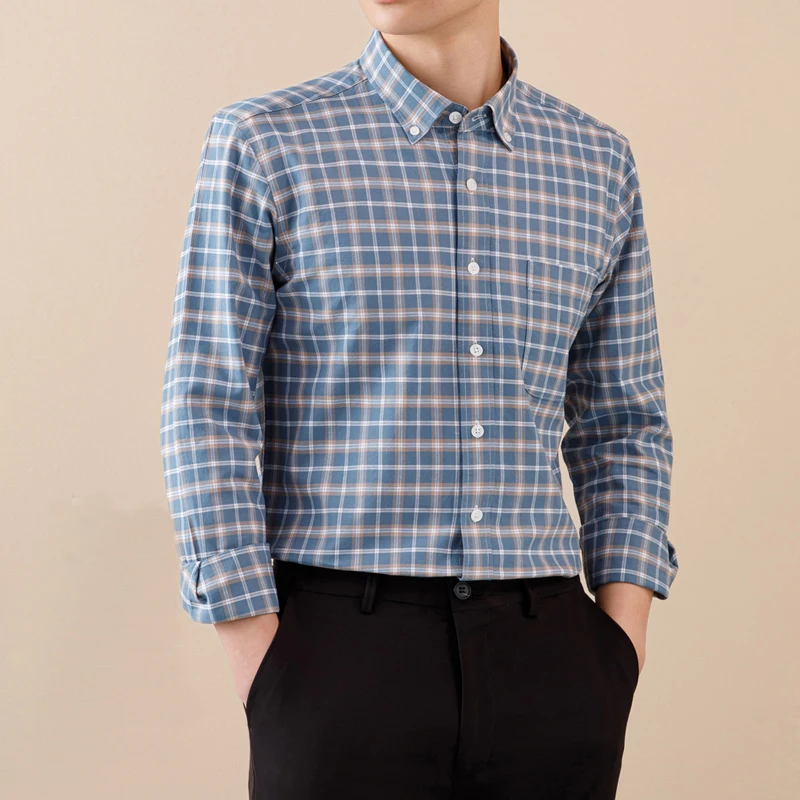 Men-s-100-Cotton-Striped-Checkered-Long-Sleeve-Oxford-Shirt-Front-Patch ...