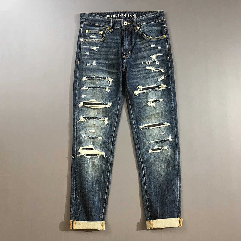 Streetwear Distressed & Patched Men's Slim Straight Jeans - 2025 ...