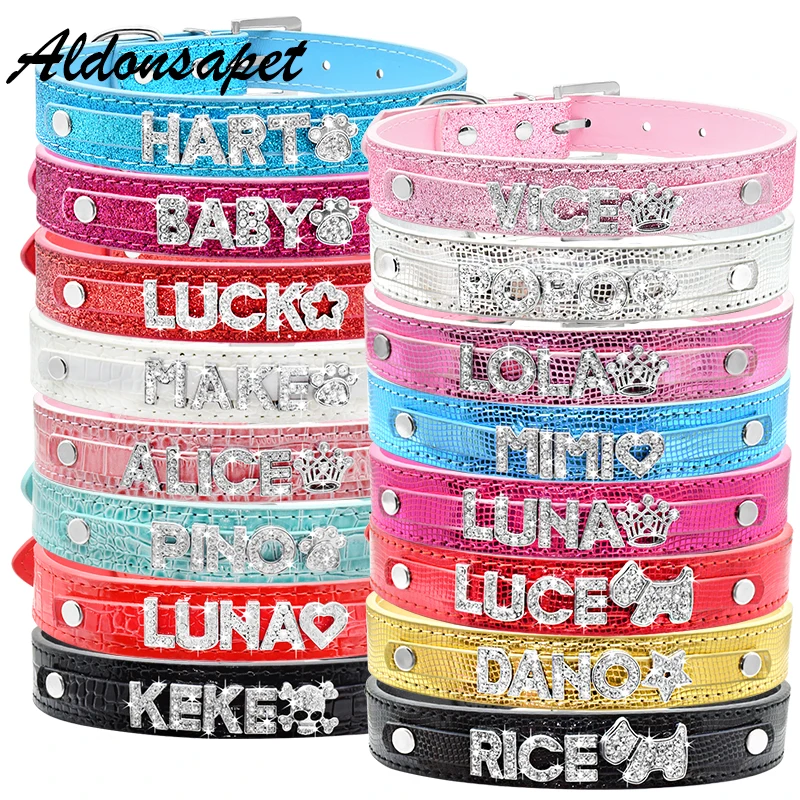 Custom Leather Dog Name Collar DIY Bling Rhinestone Charm Pet Dog ...