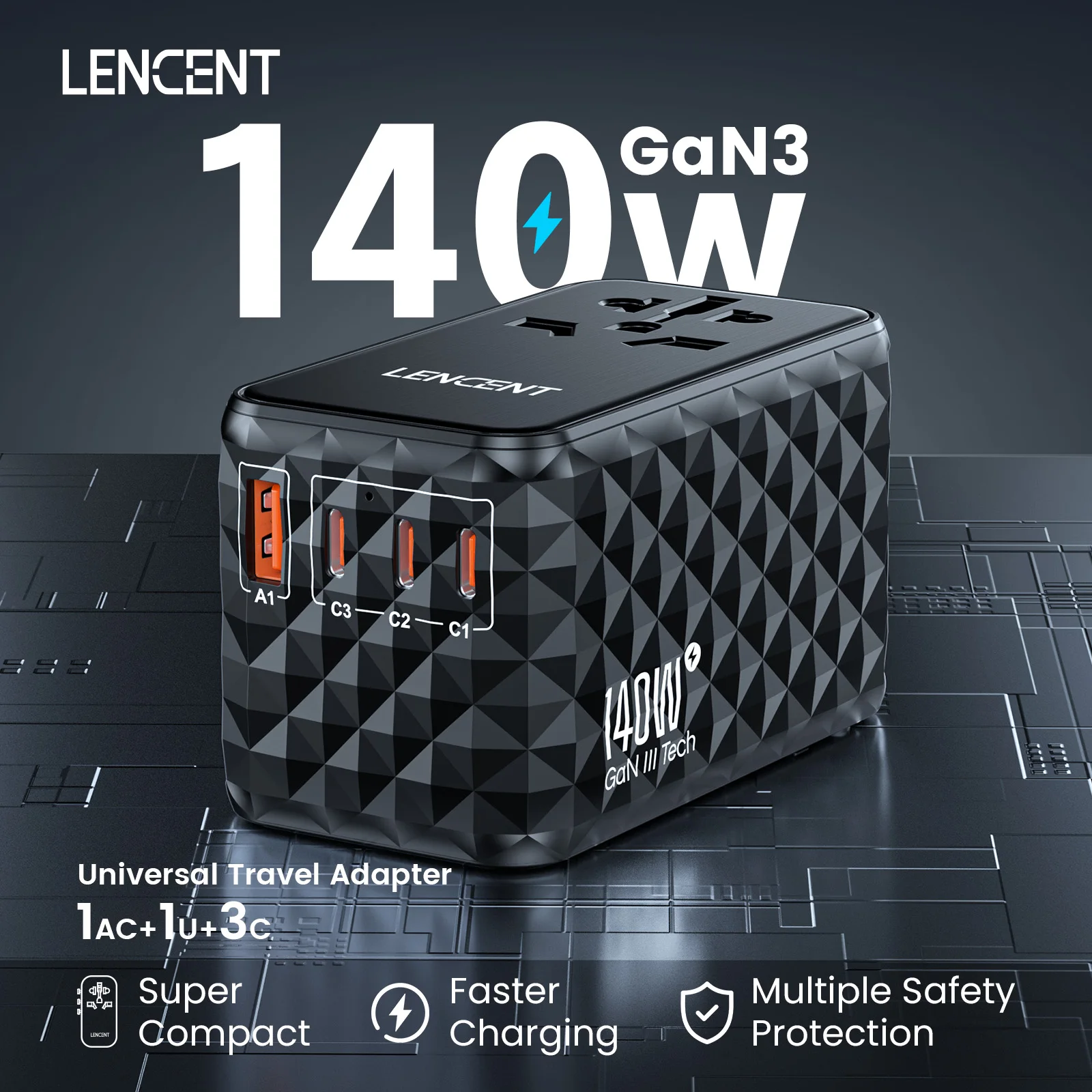 LENCENT-Adaptateur-universel-de-voyage-GaN-140W-avec-1-port-USB-A-3 ...