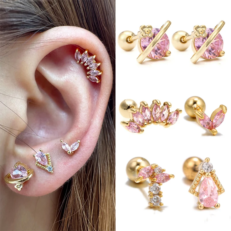One-Piece-Geometric-Pink-Zirconia-Piercing-Stainless-steel-Stud ...