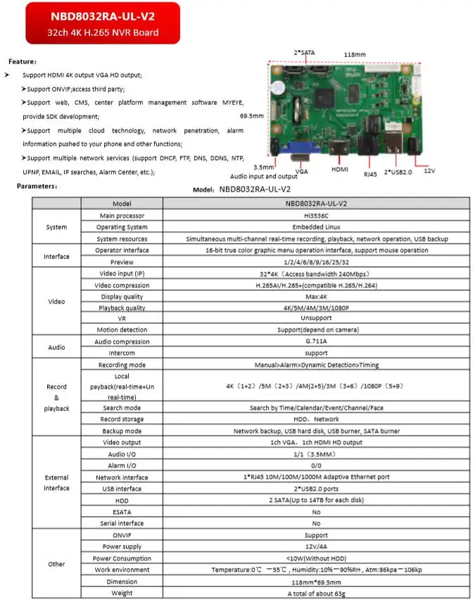 Dc12V Hi3536C Max 14Tb Xmeye Audio H.265+ 8Mp 4K 32Ch 16H 16Ch Channe ...