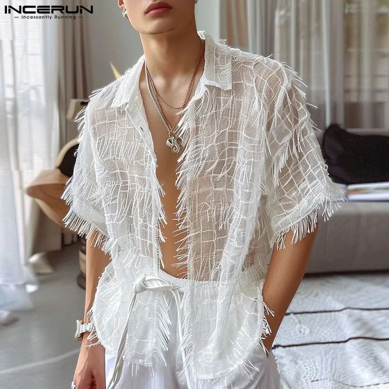 2024 Men Shirt Tassel Chiffon Transparent Lapel Short Sleeve Sexy Men ...