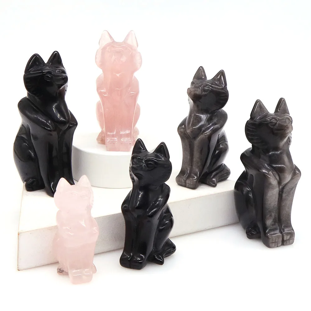Fox Statue Natural Rose Quartz Black Silver Obsidian Clear Quartz ...