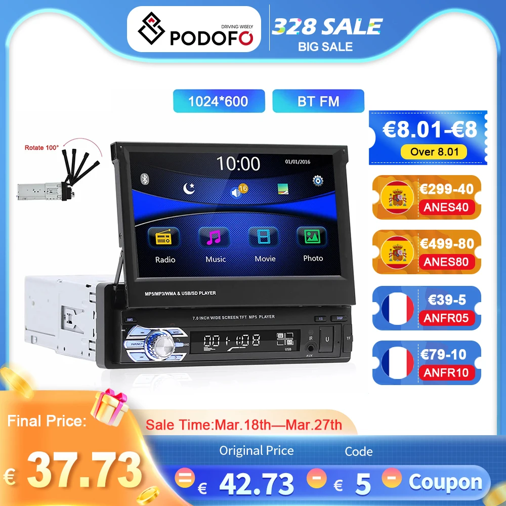 Podofo-1-Din-7-polegadas-Universal-Car-Radio-MP5-Player-Touch-Screen-FM ...