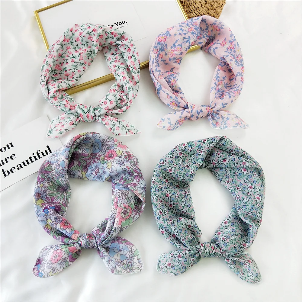 58cm Flower Cotton Square Neck Scarf Women Hair Band Fashion Print Wrap ...