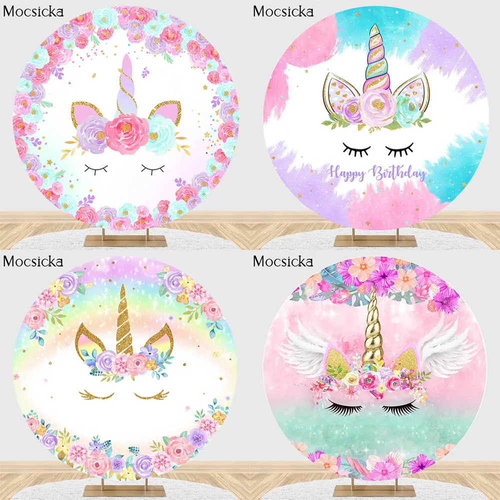 Unicorn Round Backdrops Watercolor Floral Decoration Girl Birthday ...