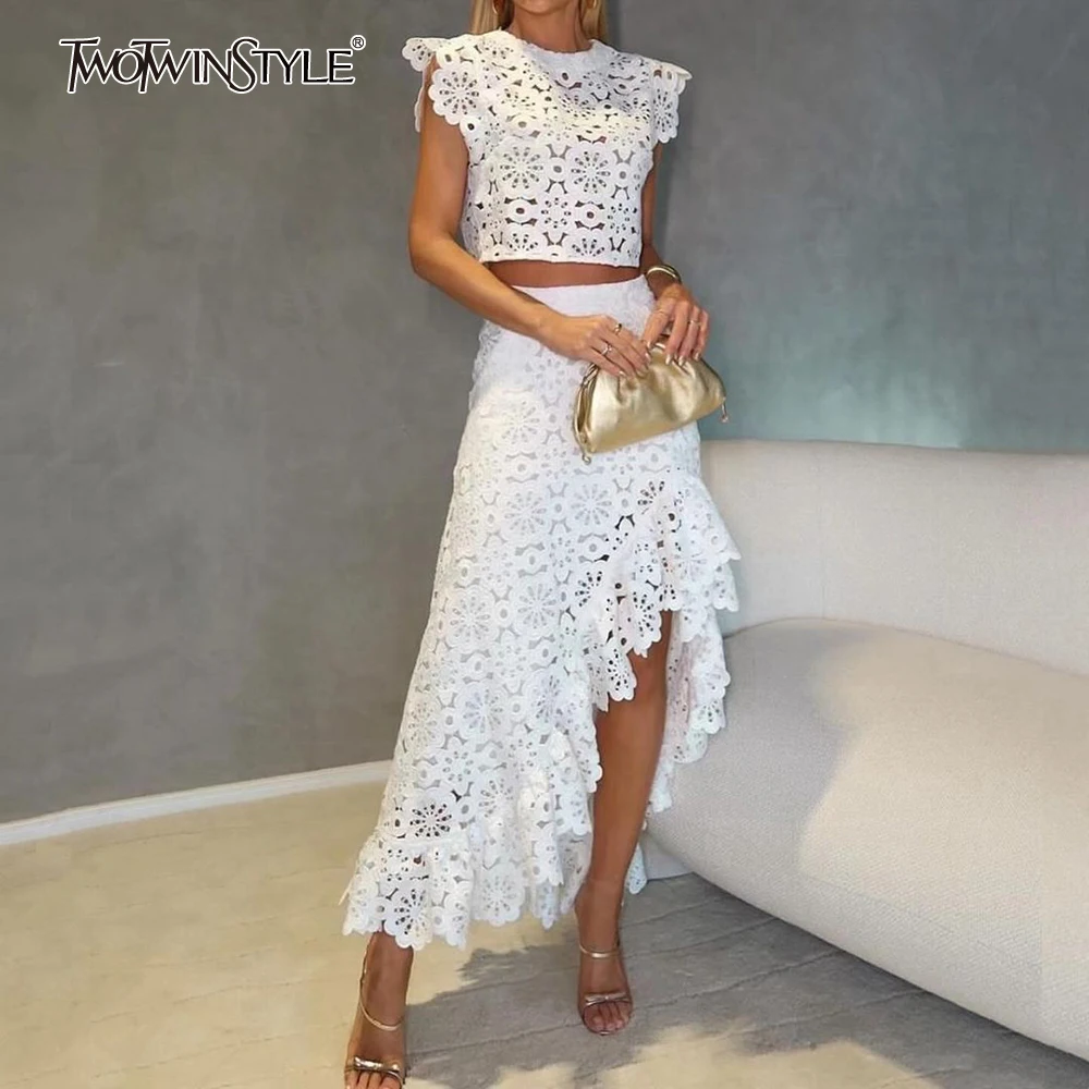 TWOTWINSTYLE-Solid-Hollow-Out-Embroidery-Two-Piece-Set-For-Women-Round ...