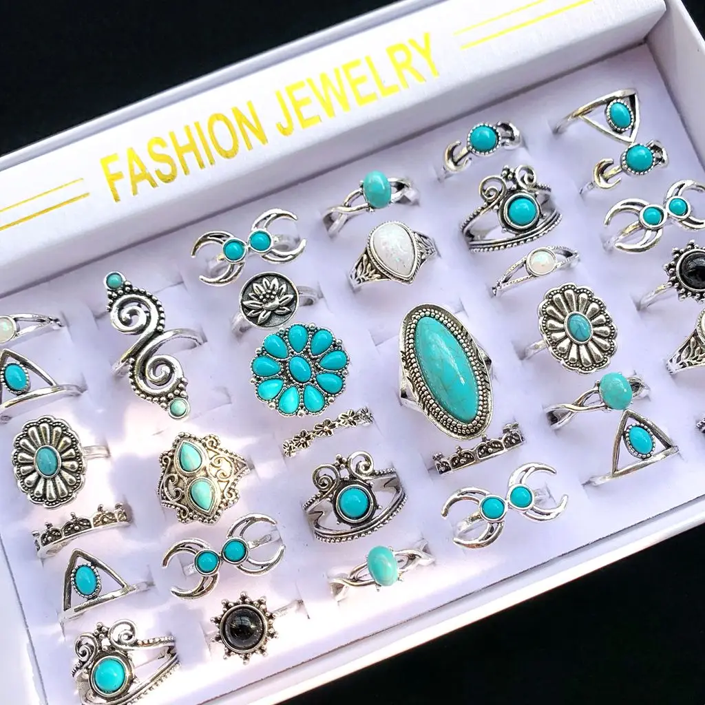 50pcs-lot-Mix-Design-Bohemia-Ethnic-Turquoise-Stone-Flower-Vintage-Rings-Women-Alloy-Metal ...