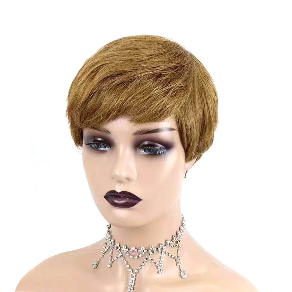 Perruque Bob brésilienne naturelle, cheveux courts, coupe Pixie, brun ombré, sans colle, bon ...