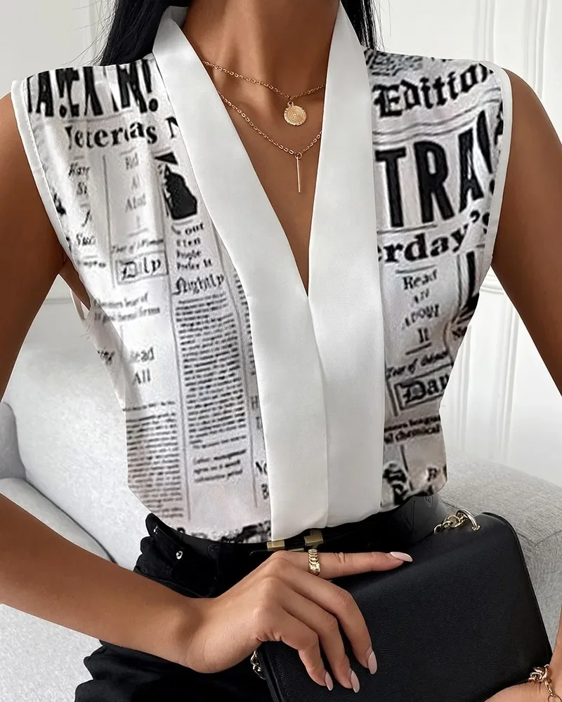 Summer Women's Lady Print Sleeveless V-neck Elegant Women Blouse Top ...