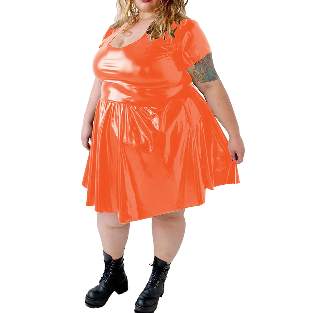 Plus-Size-PVC-Shiny-Mini-Dress-for-Womens-Sexy-U-neck-Wetlook-Solid ...