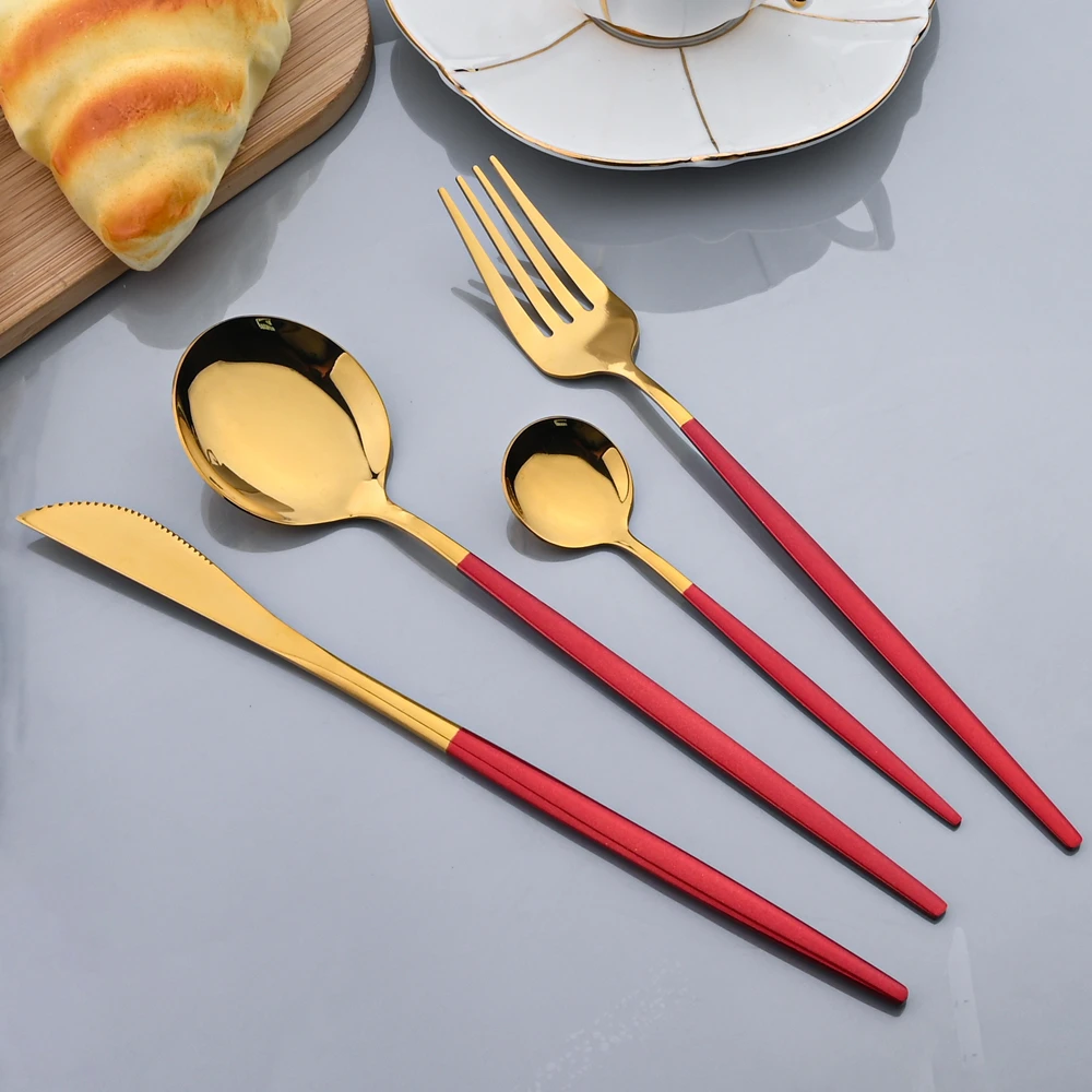 Zoseil 24Pcs Red Gold Dinnerware Set Mirror Stainless Steel Knife Forks ...
