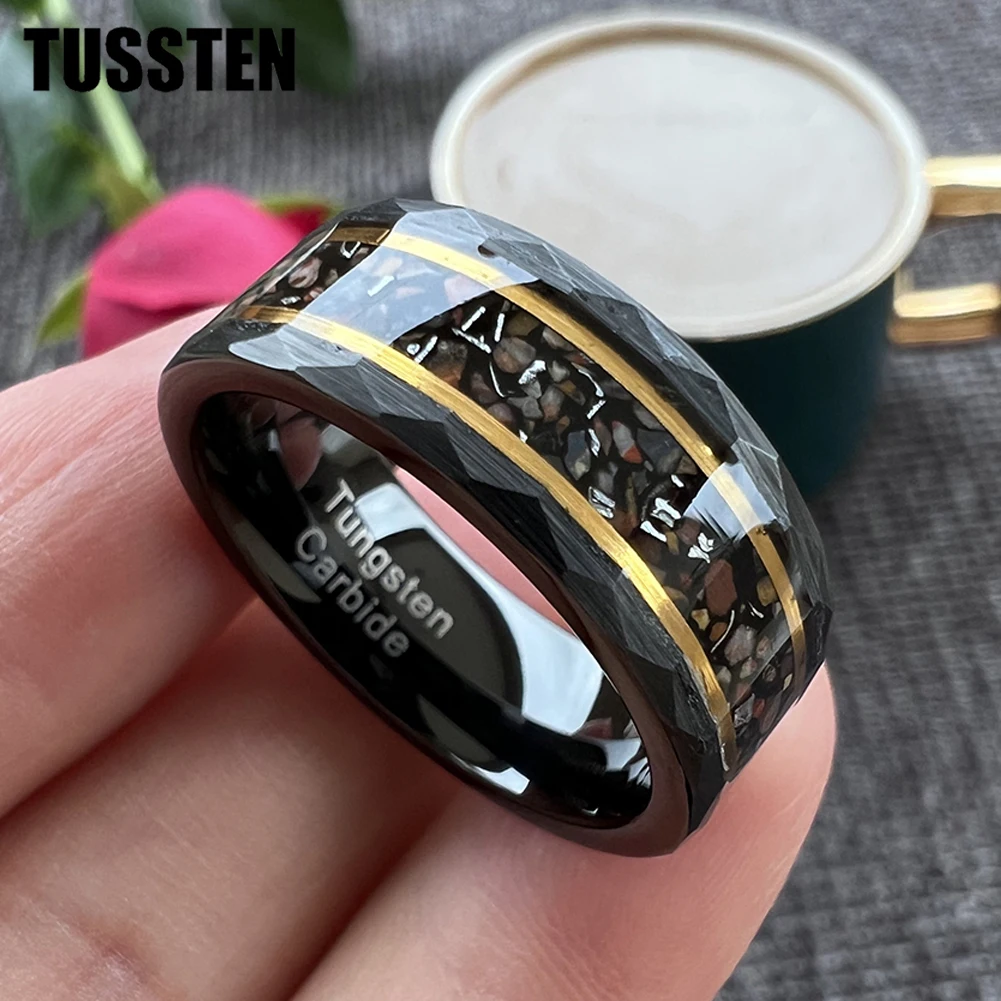 TUSSTEN-8MM-Hammered-Black-Tungsten-Ring-Men-Women-Dinosaur-Real ...
