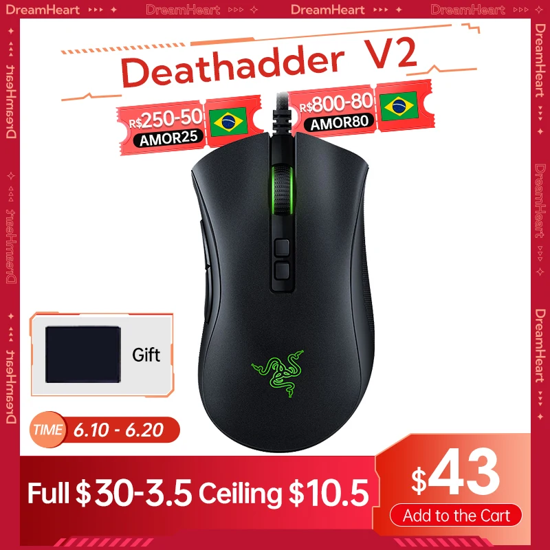 정품 Razer DeathAdder V2 유선 게이밍 마우스, 게이머 20000DPI, E 스포츠 RGB 라이트 케이블, 컴퓨터 ...