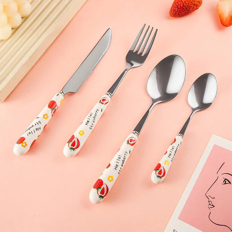 Stainless Steel Tableware Cute Cartoon Girl Heart Strawberry Ceramic ...