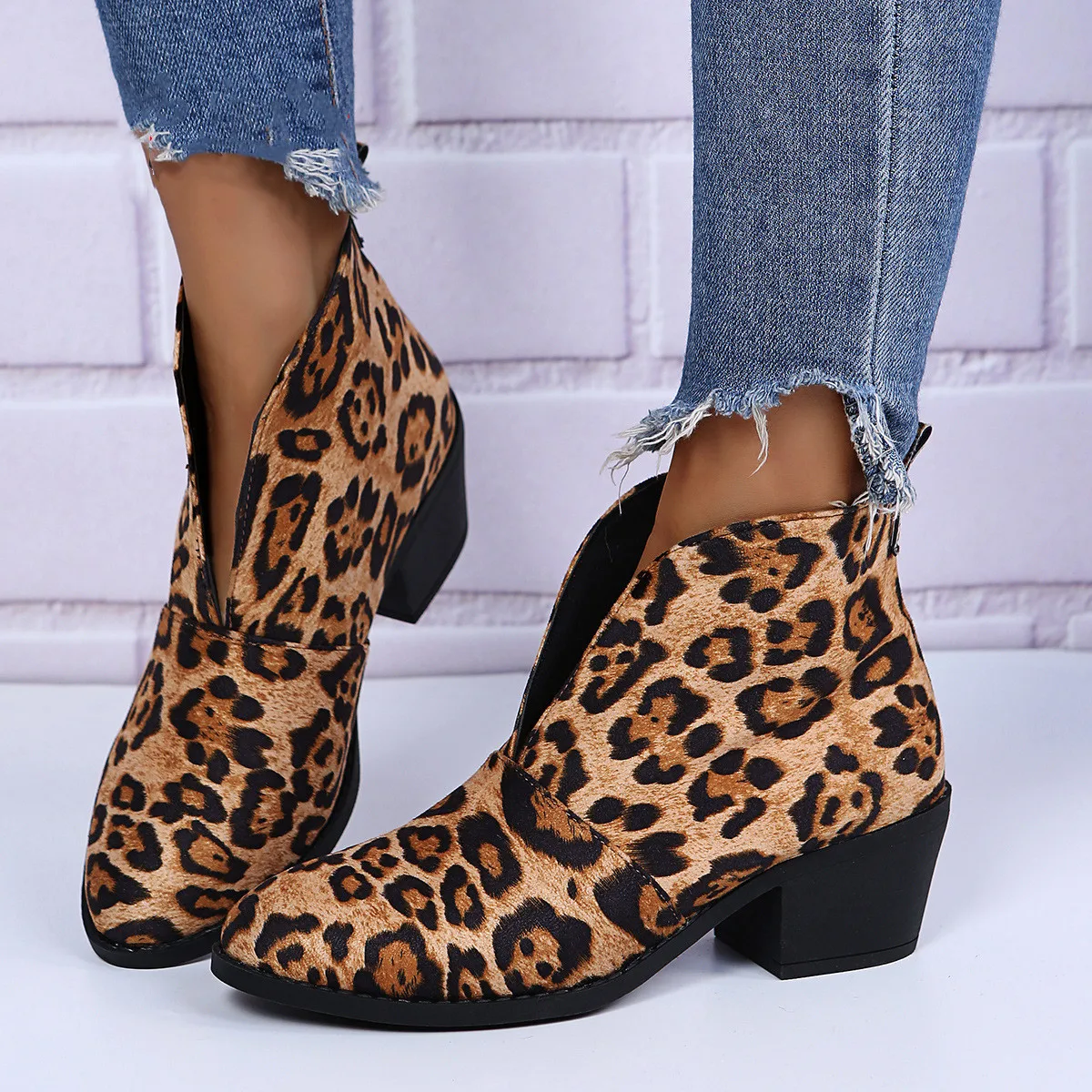 Leopard-Booties-Women-High-Heel-Thick-Pointed-Toe-Ankle-Boots-Heels ...