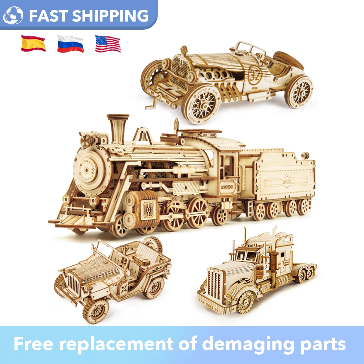Robotime Rokr Wooden Mechanical Train 3d Puzzle Car Toy Assembly Locomotive Model Building Kits ...
