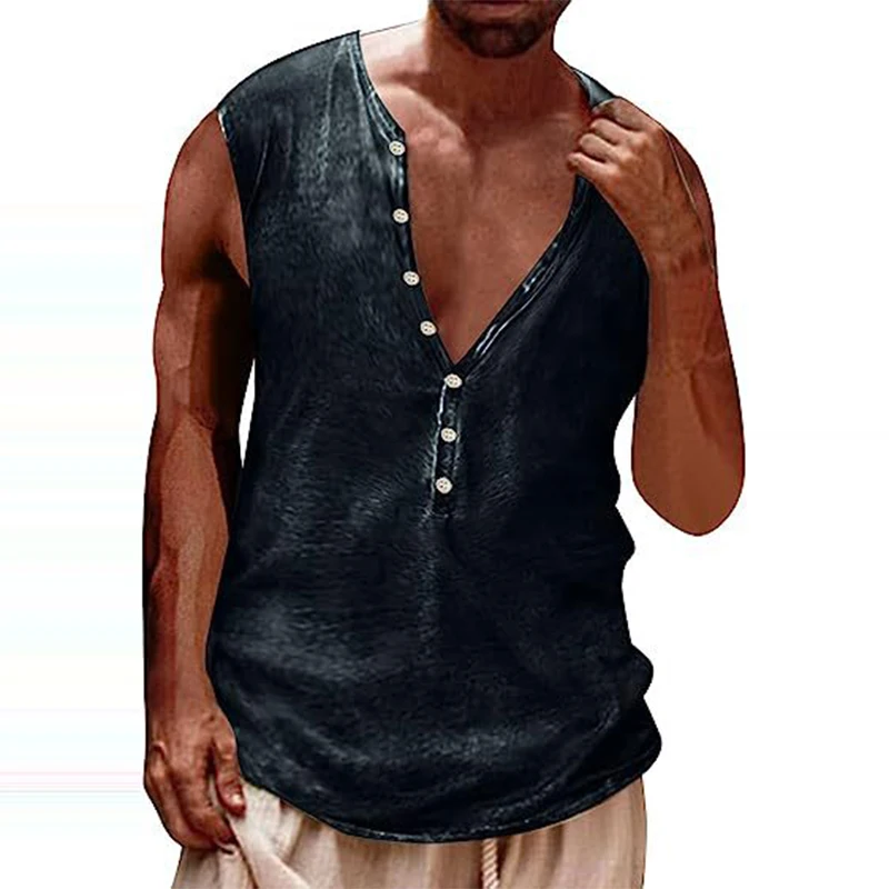 Casual-Loose-Buttoned-V-Neck-Camisole-Men-s-Summer-Fashion-Loose-Solid ...