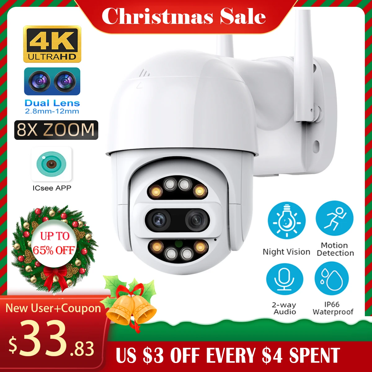 8mp Dual Lens Ptz Camera 8x Zoom Wifi Ai Human Detection H.265 Icsee ...