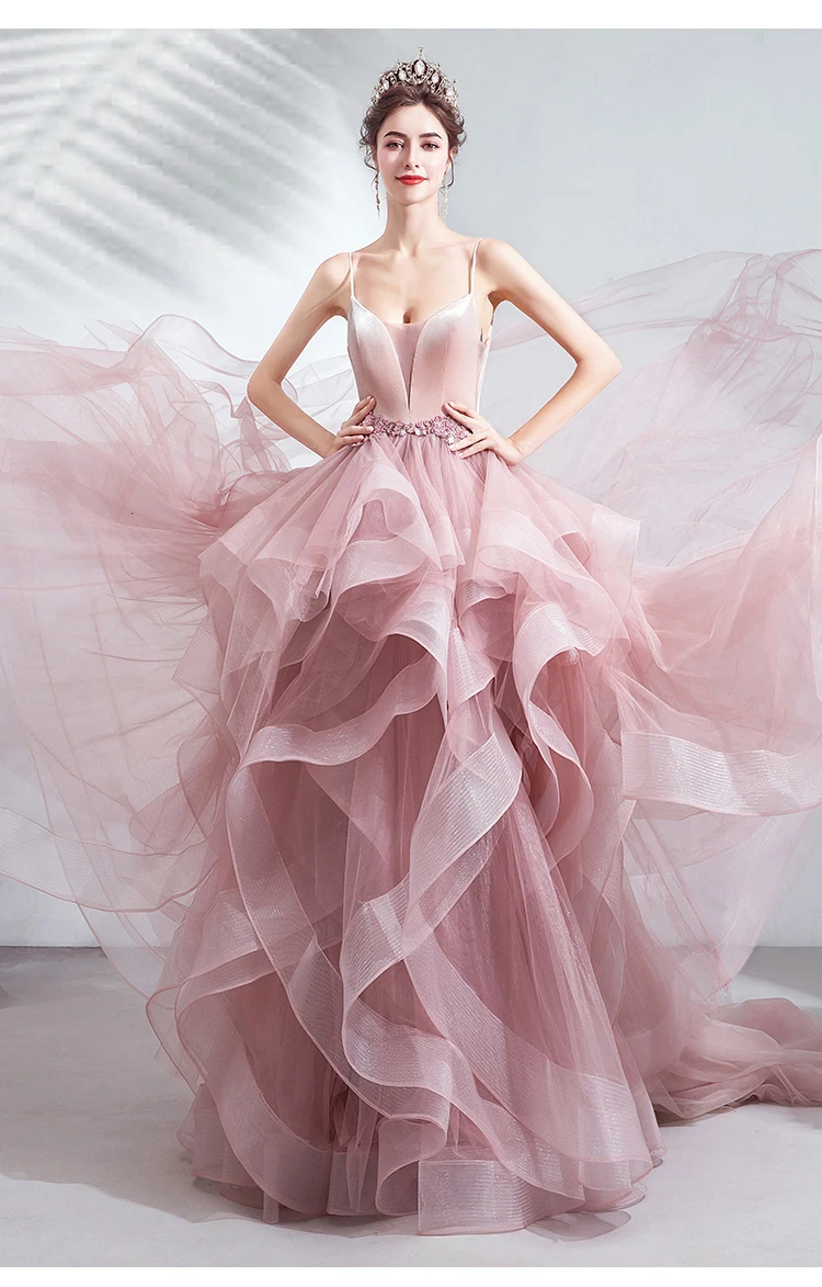 luxury vintage pink wave ruffled ball gown long dress vintage medieval ...