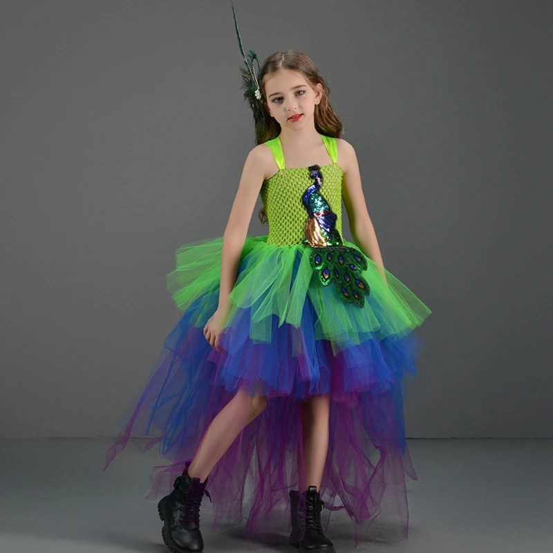 Kids Girls Peacock Costume Outfit Sequin Patch Tulle Dress Feather Hair ...