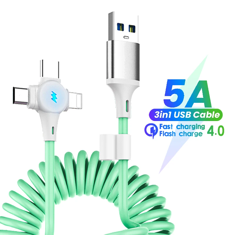 5A 3in1 Spring Cable Fast Charger Cable For Huawei Samsung Xiaomi Poco ...