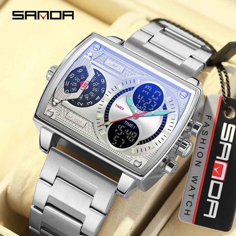 SANDA New Man's Watch Fashion Square Large Dial Unique Pattern Sports ...