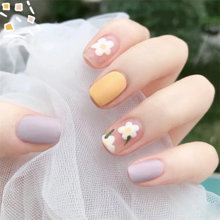 24Pcs-Lot-White-Small-Flower-Short-Fake-Nail-Cute-Fresh-Girls-Full ...