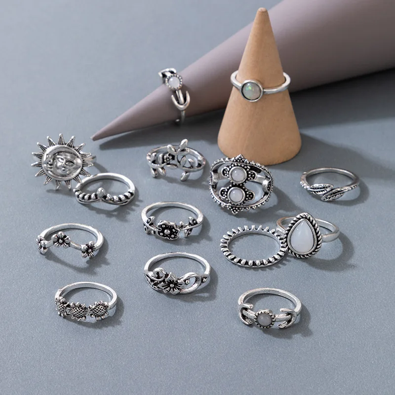 14 Pcs/set Bohemian Moon Sun Ring Sunflower Leaf Water Drops Opal ...