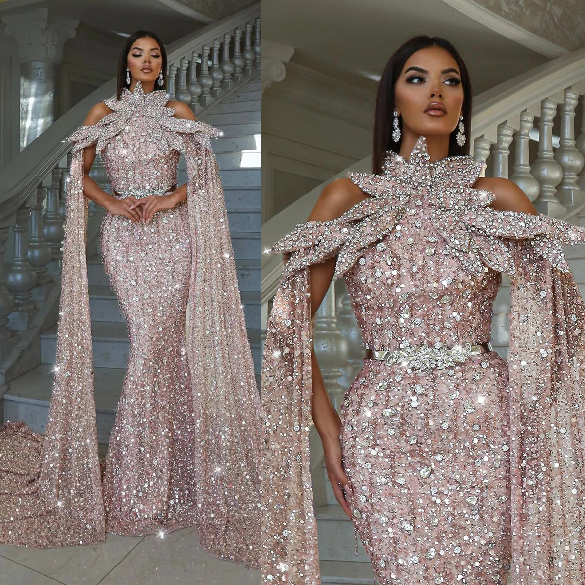 Sparking Sequins Mermaid Evening Dresses Crystals Beading Prom Gowns Custom Made High Neck with ...