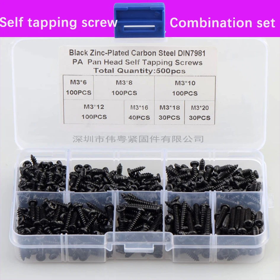 Black Pan Head Tapping Screws Set M3*6/8/10/12/16/18/20 Carbon Steel ...