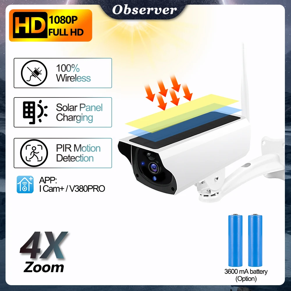 Wireless Solar Bullet Camera Outdoor WiFi 1080P 4x Zoom CCTV ...
