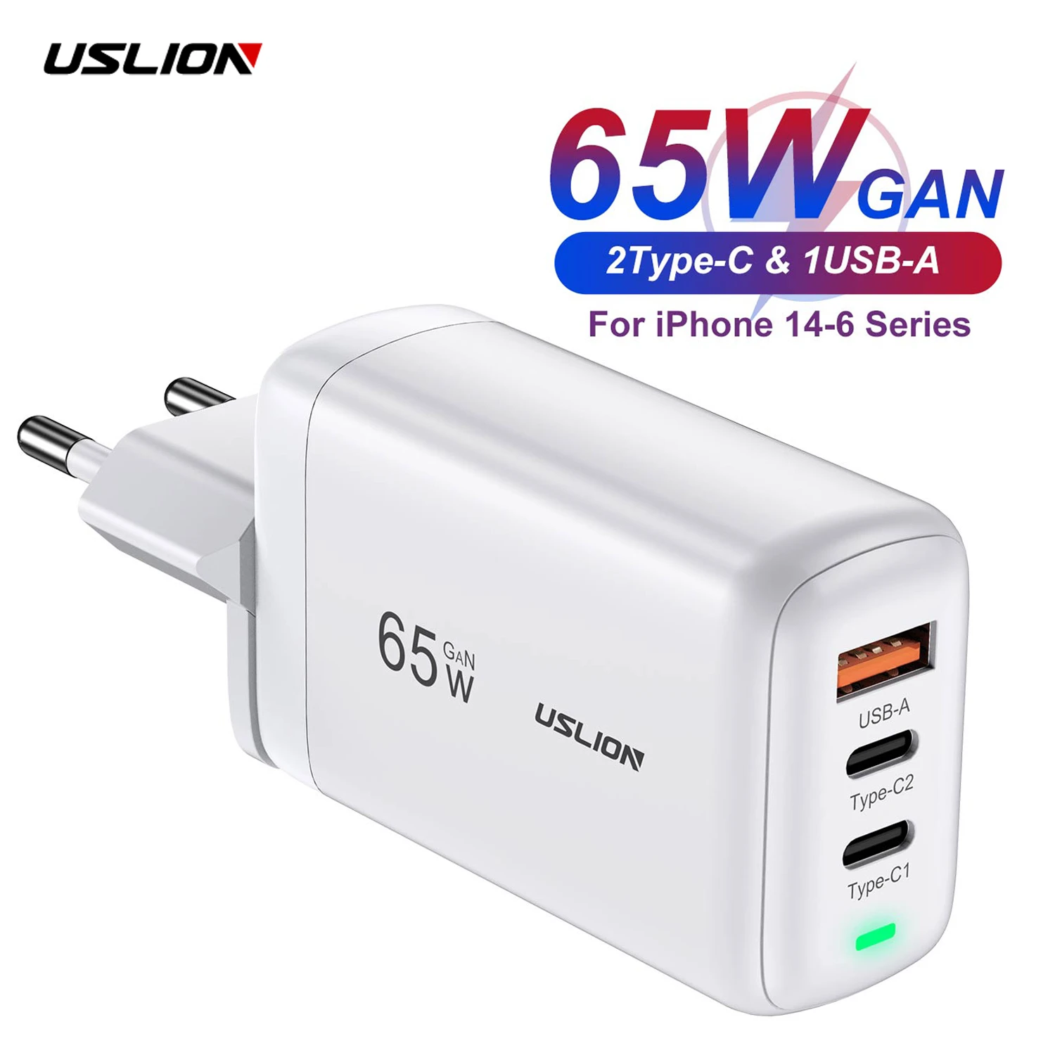 USLION 65W GaN USB c형 고속 충전기, 노트북 맥북 QC PD 3.0, 삼성 아이폰 14 13 프로 포코 F4 ...