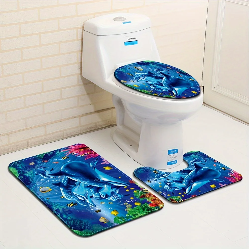 Fantasy Blue Dolphin Bathroom Set - Soft & Non-slip Contour Mat, Toilet ...
