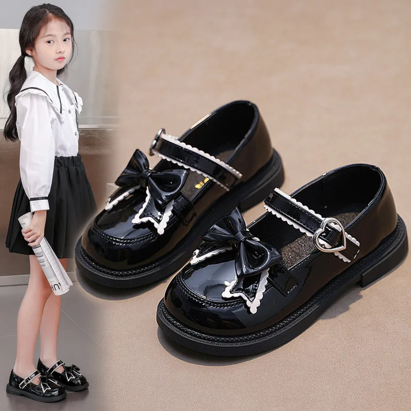 2023 Girls Black Dress Leather Shoes Children English Style Princess ...