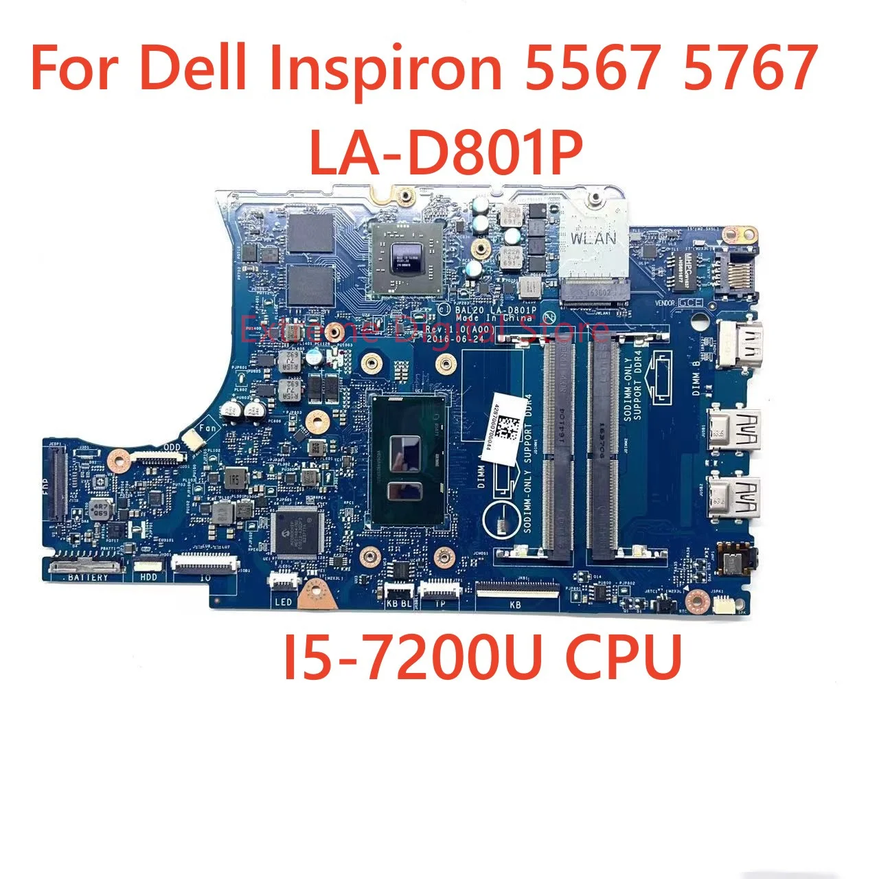 For DELL Inspiron 5567 5767 laptop motherboard LA-D801P with I5-7200U ...