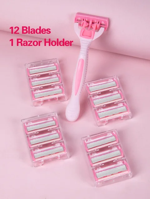 1 Handle + 12 Blades/ Men Women Manual Safety Razor 6-Layer Stainless ...