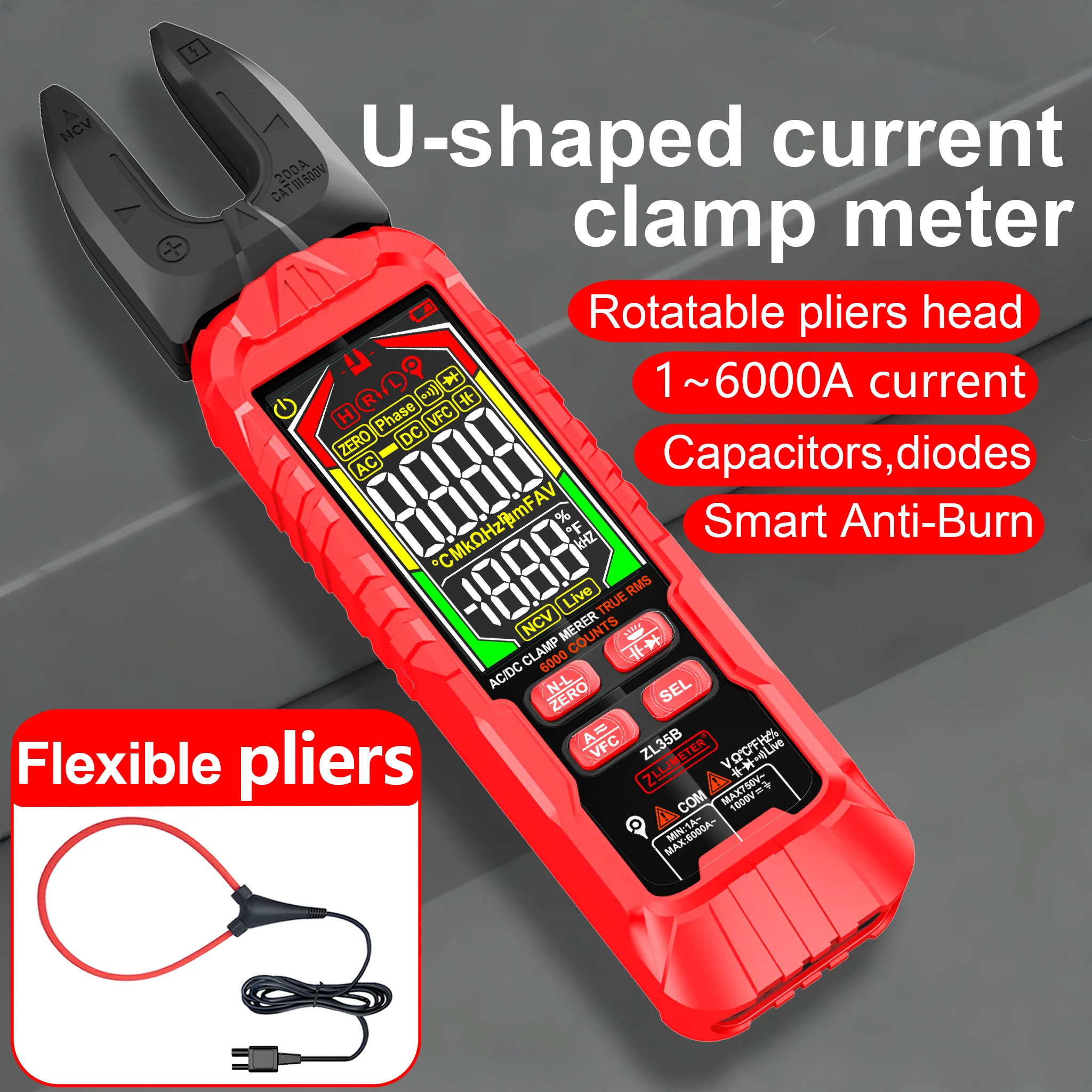Digital Fork Clamp Meter 6000A Current Open Jaw Ammeter Multimeter DC ...