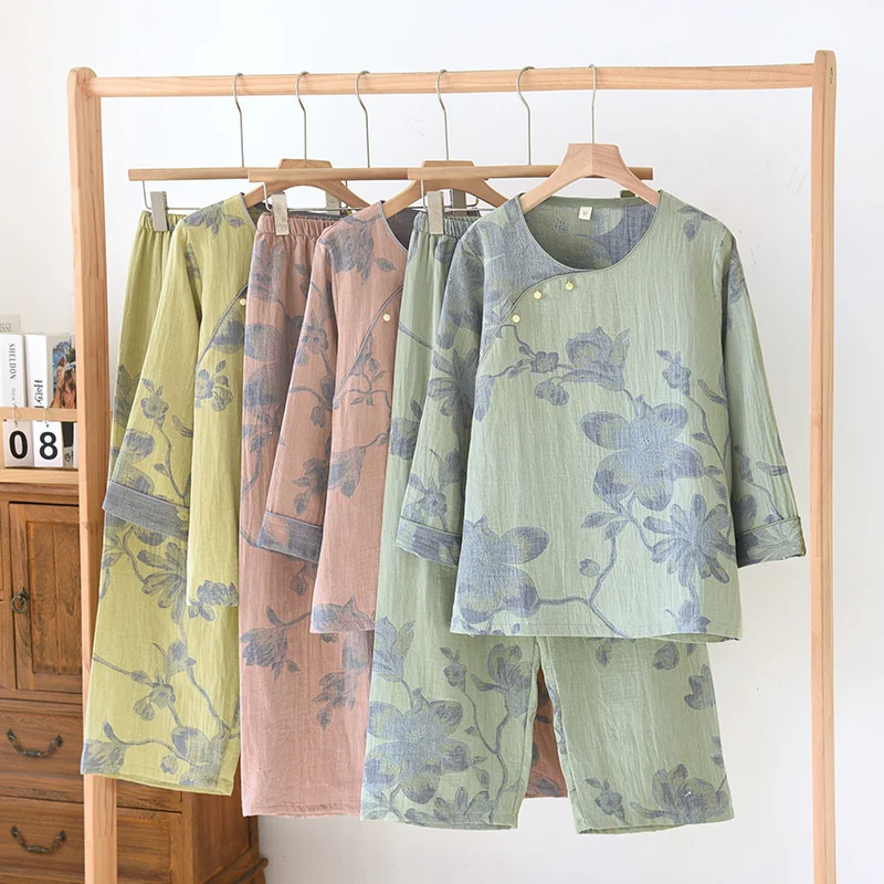 Autumn-Pure-Cotton-Gauze-Women-s-Pajamas-Antique-Magnolia-Print-Long ...