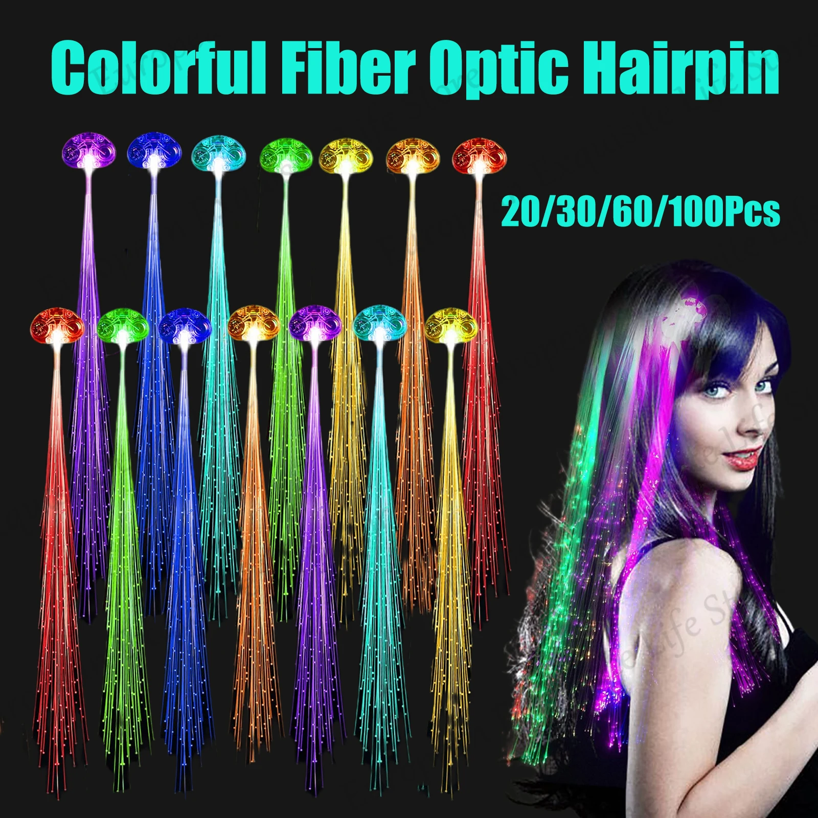 20-100Pcs-LED-Hair-Lights-Colorful-Fiber-Optic-Hair-Barrettes-Clip ...