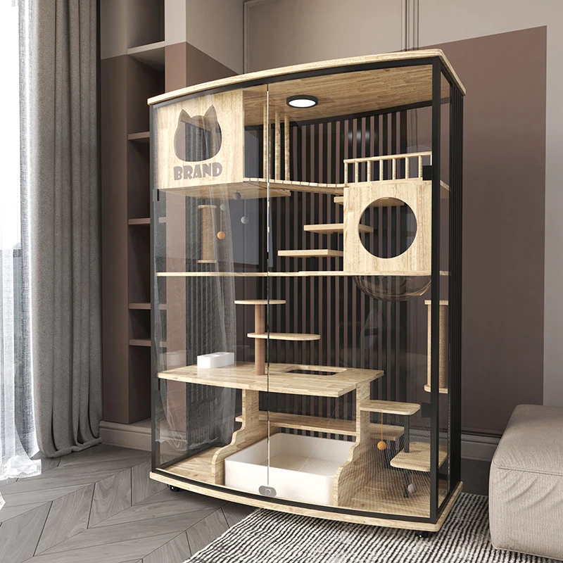 Panoramic Cat Villa Solid Wood Cat Cage Cat Cabinet Home Three-story Luxury Cat Litter Super ...