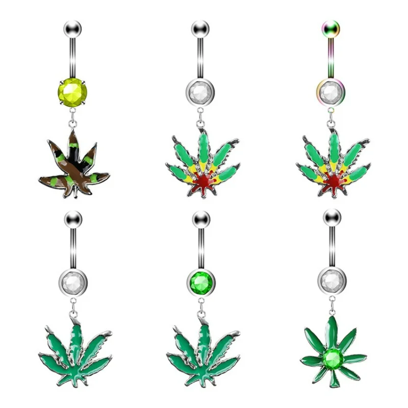 1PC-Green-Maple-Leaf-Belly-Navel-Ring-Leaves-Weed-Dangle-Belly-Button-Piercing-Jewelry-Surgical ...